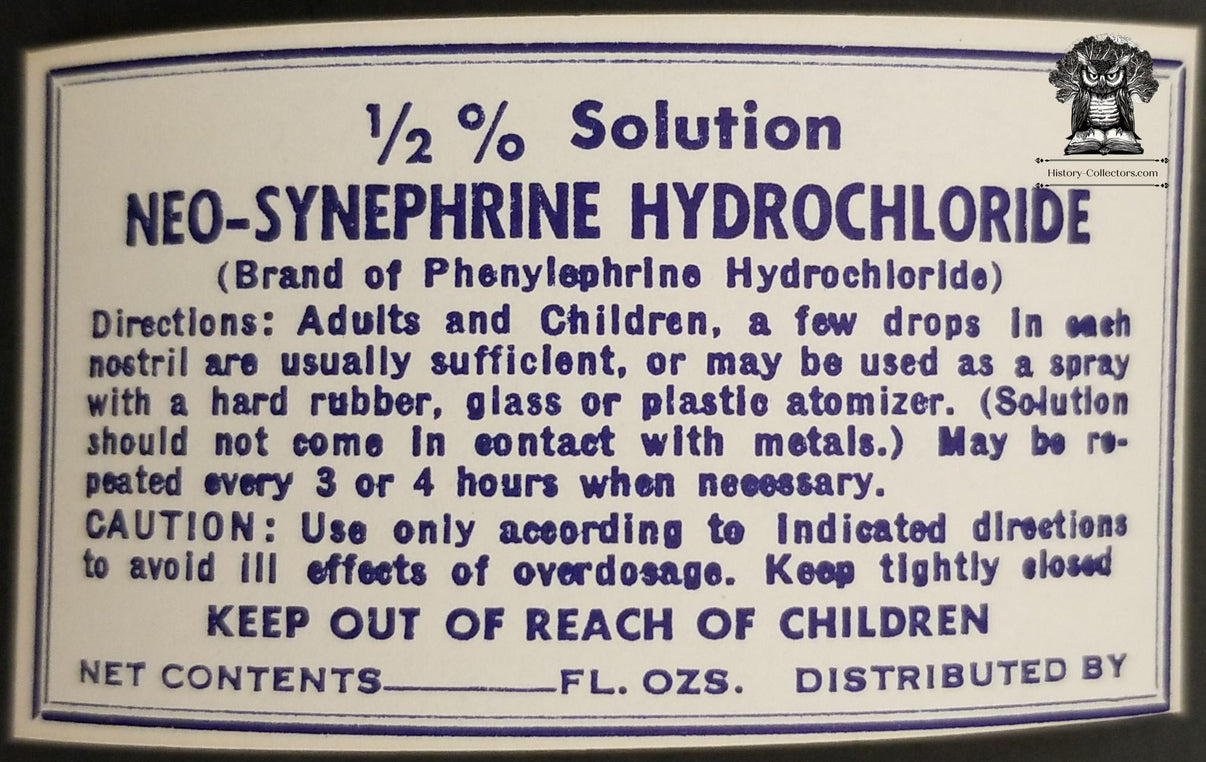 Neo-Synephrine Hydrochloride Glass Bottle Pharmacy Label - Apothecary ...