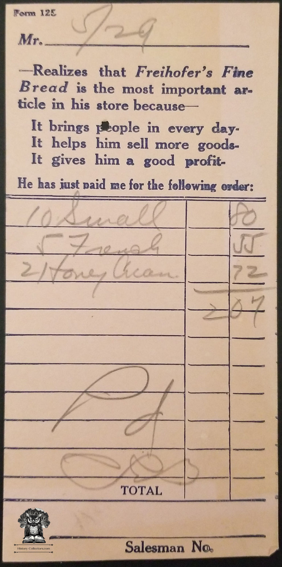 Freihofer's Fine Bread Sales Order Receipt - Salesman Ephemera Paper ...